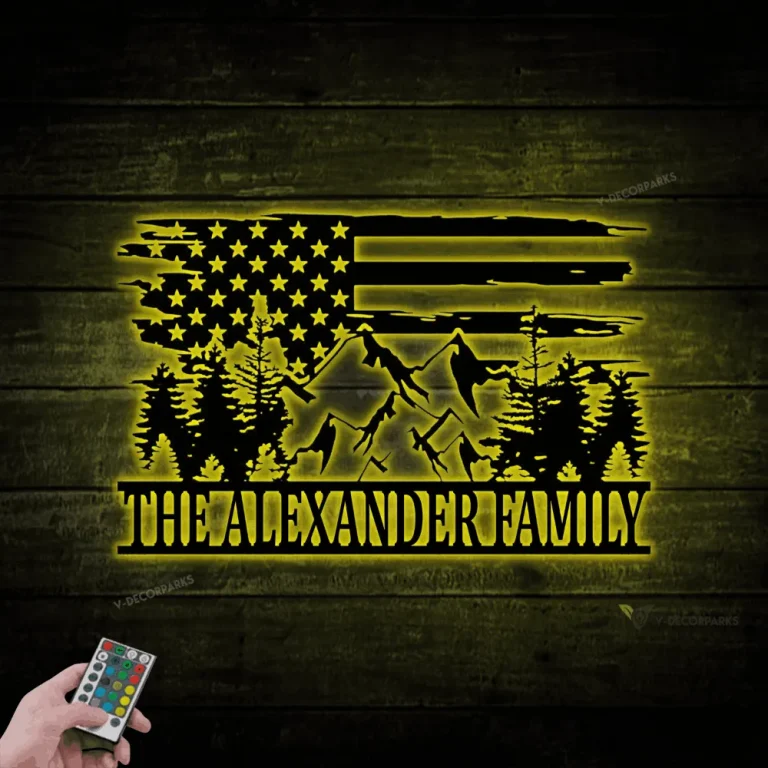 Personalized Us Flag Forest Mountain Metal Sign With Led Lights, Custom ...