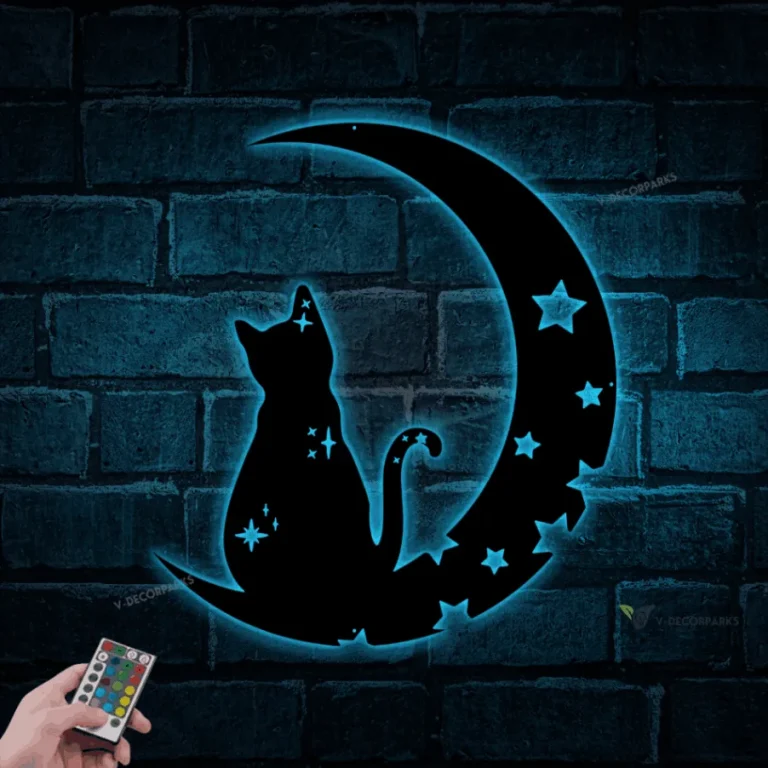 Moon Cat Star Black Metal Sign With Led Lights, Floral Cat On The Moon ...