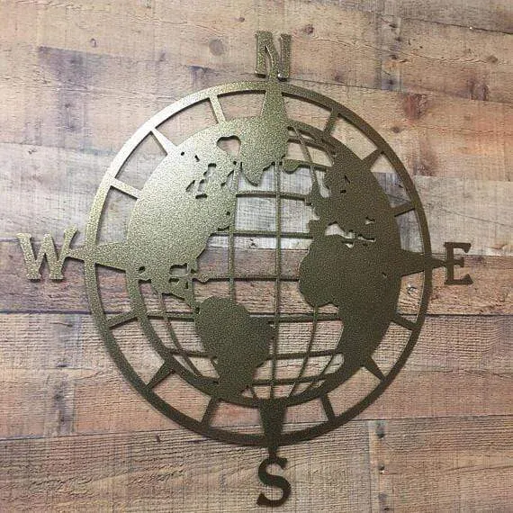 World Map Globe Compass Wall Decor, Cut Metal Sign, Metal Wall Art ...