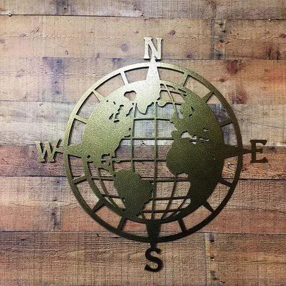World Map Globe Compass Wall Decor, Cut Metal Sign, Metal Wall Art ...