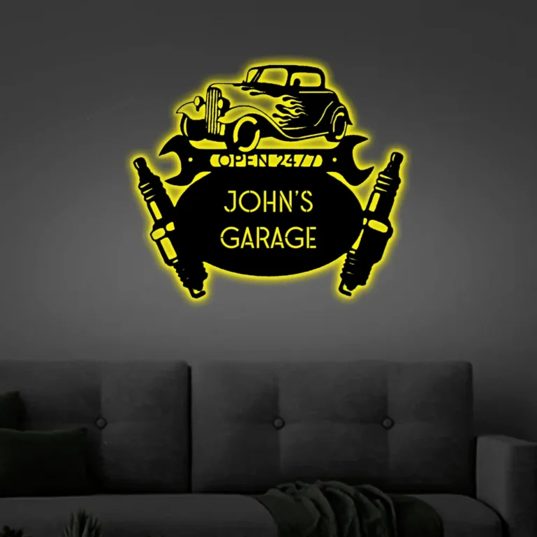 Custom Garage With Led Lights Sign, Workshop Personalized Sign, Steel ...