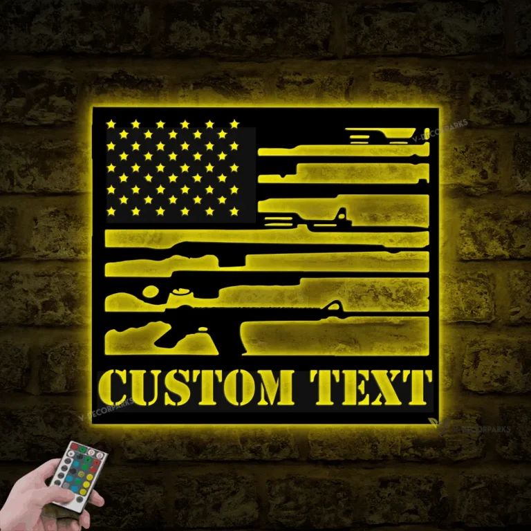 Custom Gun American Flag Metal Wall Art Led Light, Personalized Second Amendment 2nd Name Sign ...