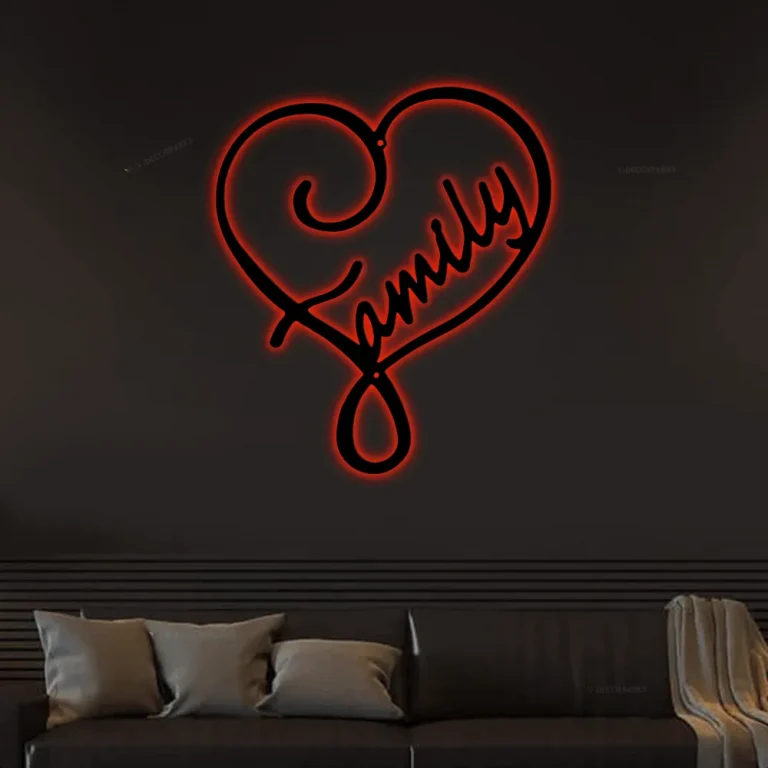 Family Love Steel Sign With Led Lights, Personalized Family Name Steel ...