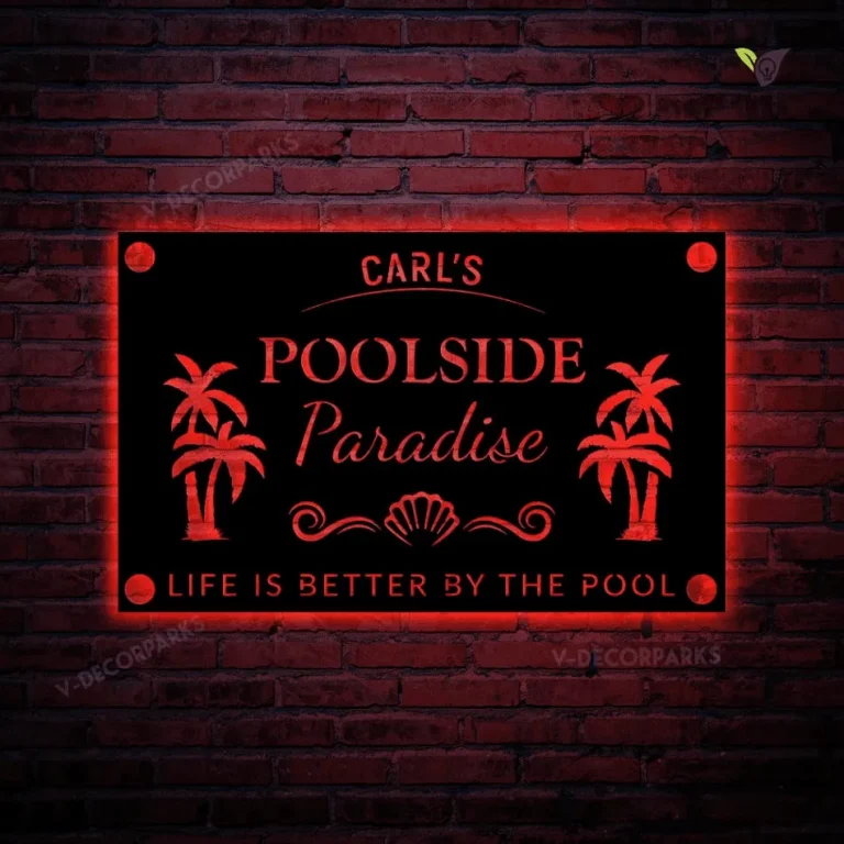 Poolside Paradise With Palms Metal Art With Led Lights, Swimming Pool ...
