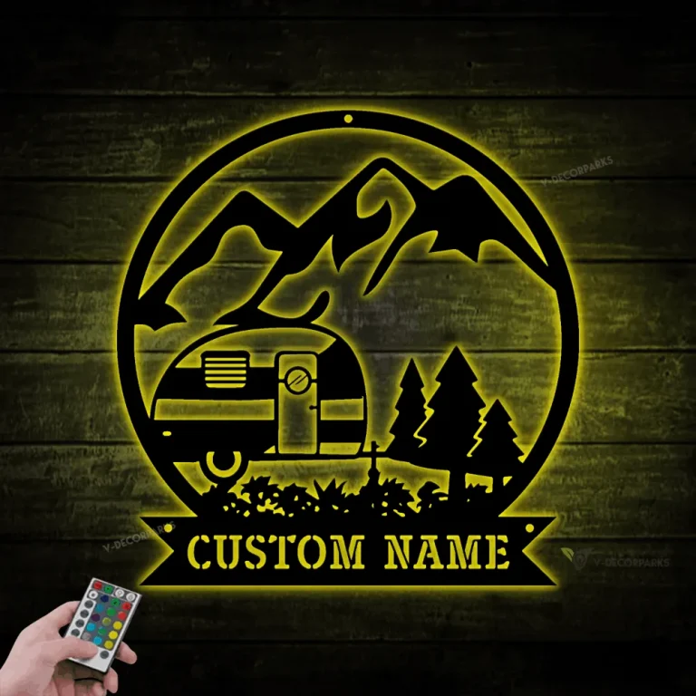 Personalized Camping Metal Sign Led Lights, Camping Car, Mountain Scene ...