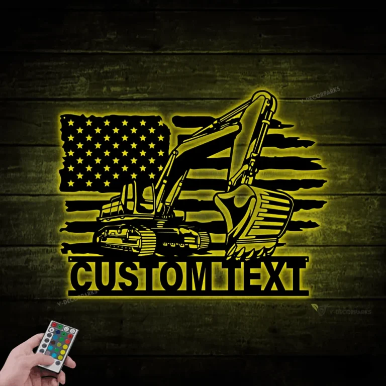 Personalized Us Flag Excavator Metal Wall Led Lights, Man Cave Decor ...