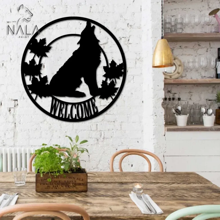 Wolf Howling Maple Leaves Welcome Cut Metal Sign, Wolf Wall Art Decor ...