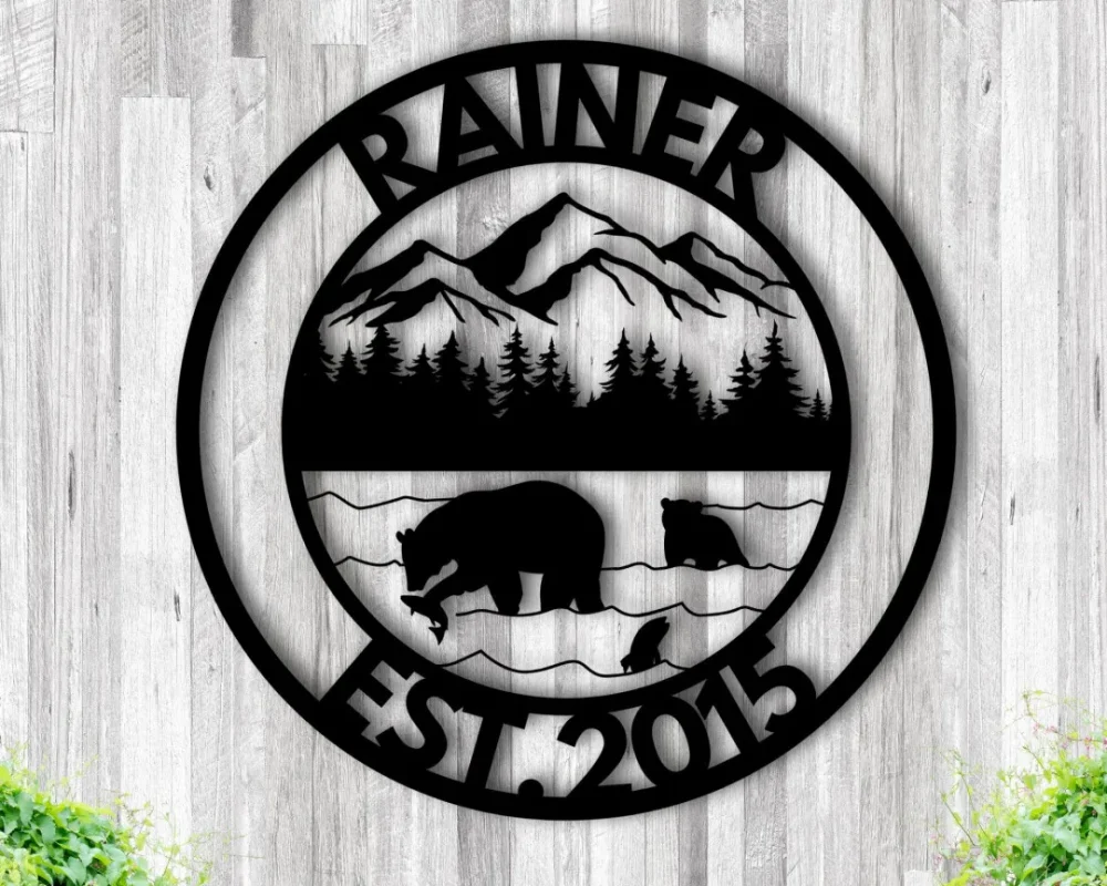 Personalized Bear Metal Sign, Bear In Woods Cabin Sign, Family Name ...