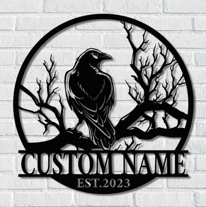 Raven Crow Metal Sign Wall Art, Personalized Raven Crow Lover Name Sign ...
