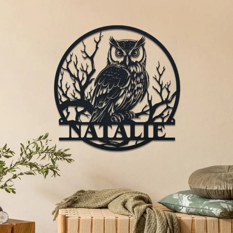 Custom Owl On The Branch Metal Wall Art, Owl Name Sign Owl Metal Wall ...