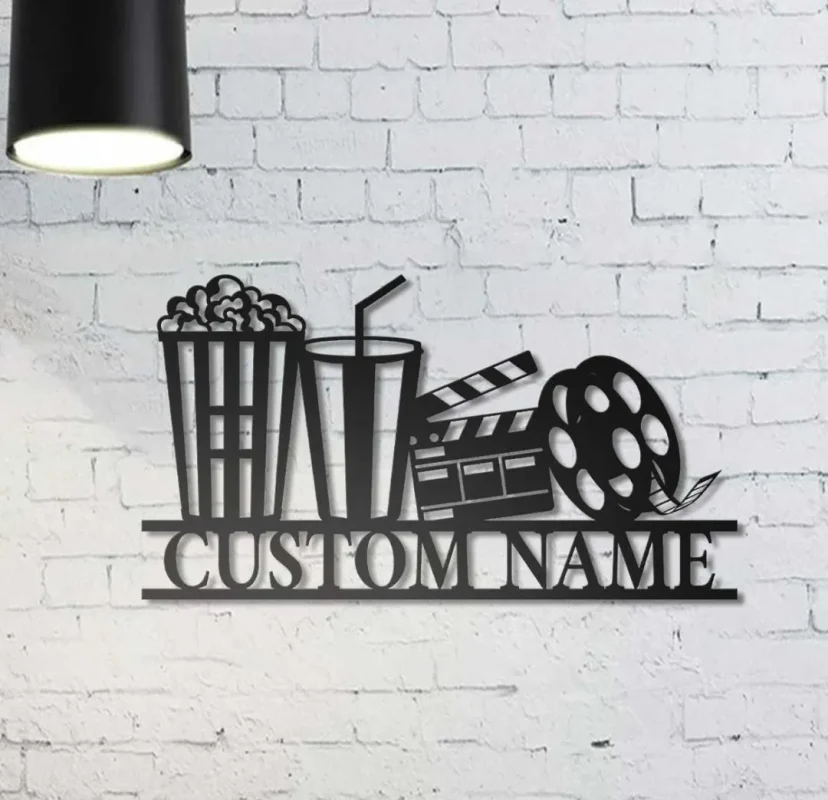 Custom Movie Room Sign, Film And Popcorn, Personalized Movie Metal Wall ...