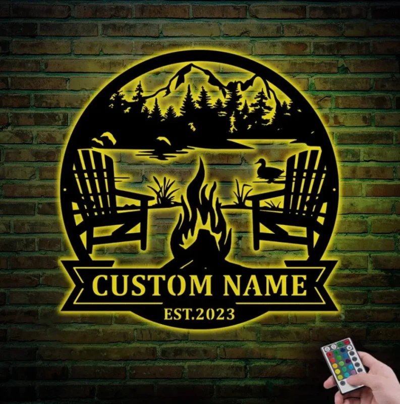 Lake Scene Campsite Monogram Metal Sign With Led Lights, Lake House ...