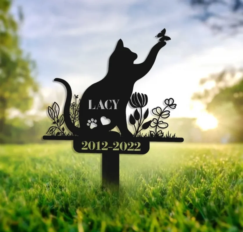 Cat With Butterfly Garden Stake, Cat Memorial Metal Stake, Personalized ...