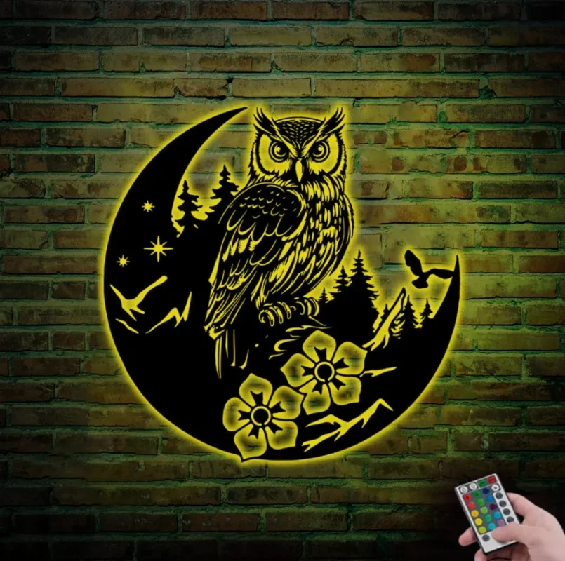 Custom Owl Metal Sign Led Lights, Owl Metal Wall Decor, Owl Wall Art ...