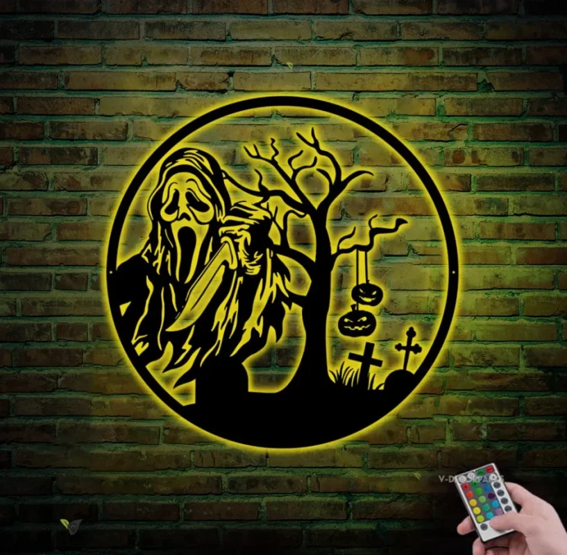 Ghostface Halloween Metal Wall Art With Led Lights Gost Face Sign Home ...