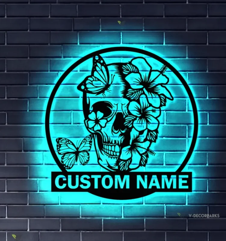 Personalized Sugar Skull Metal Led Light Sign, Custom Skull Wall Art ...