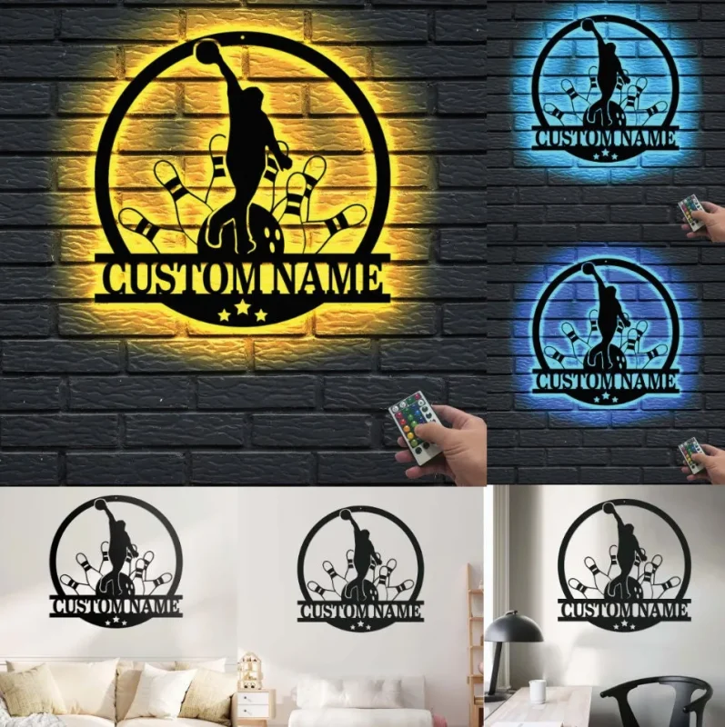 Custom Bowling Metal Sign With Led Light, Bowling Pins Metal Sports ...