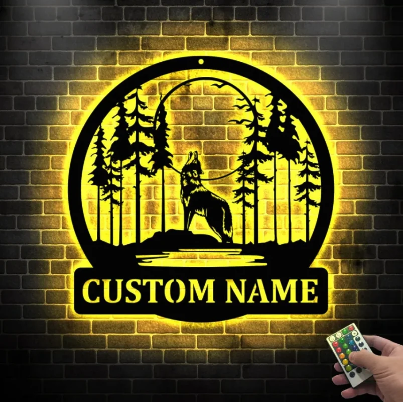 Personalized Wolf With Moon Metal Wall Art Led Lights, Custom Wolf ...