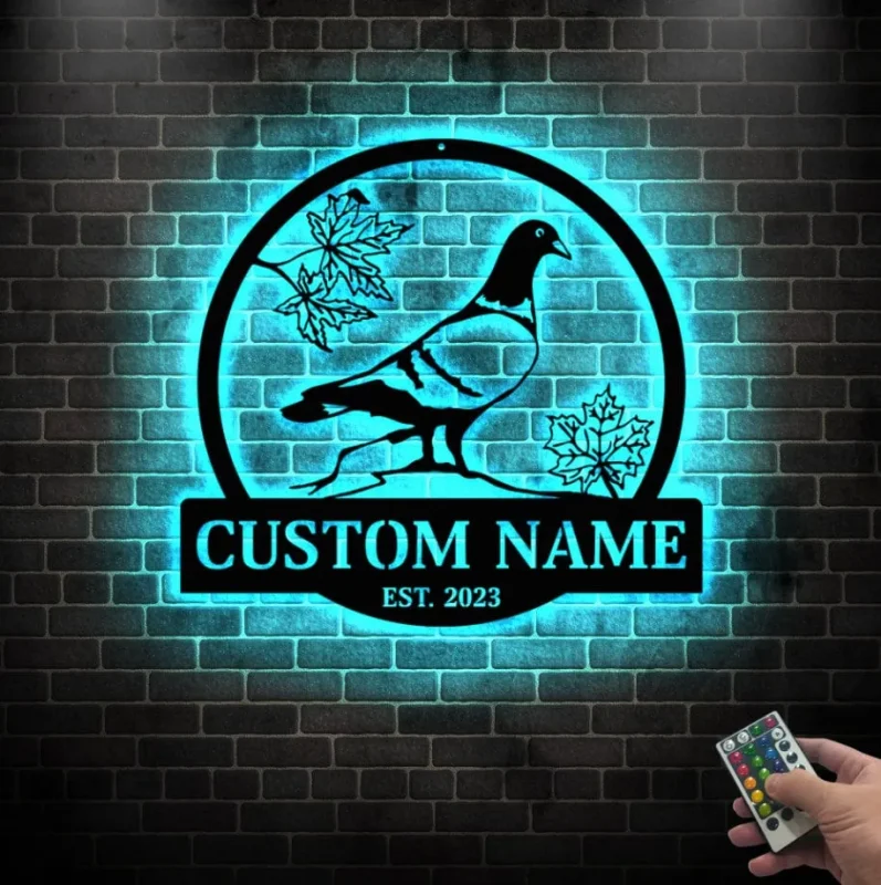 Custom Pigeon Bird Monogram Metal Wall Art Led Lights, Personalized ...